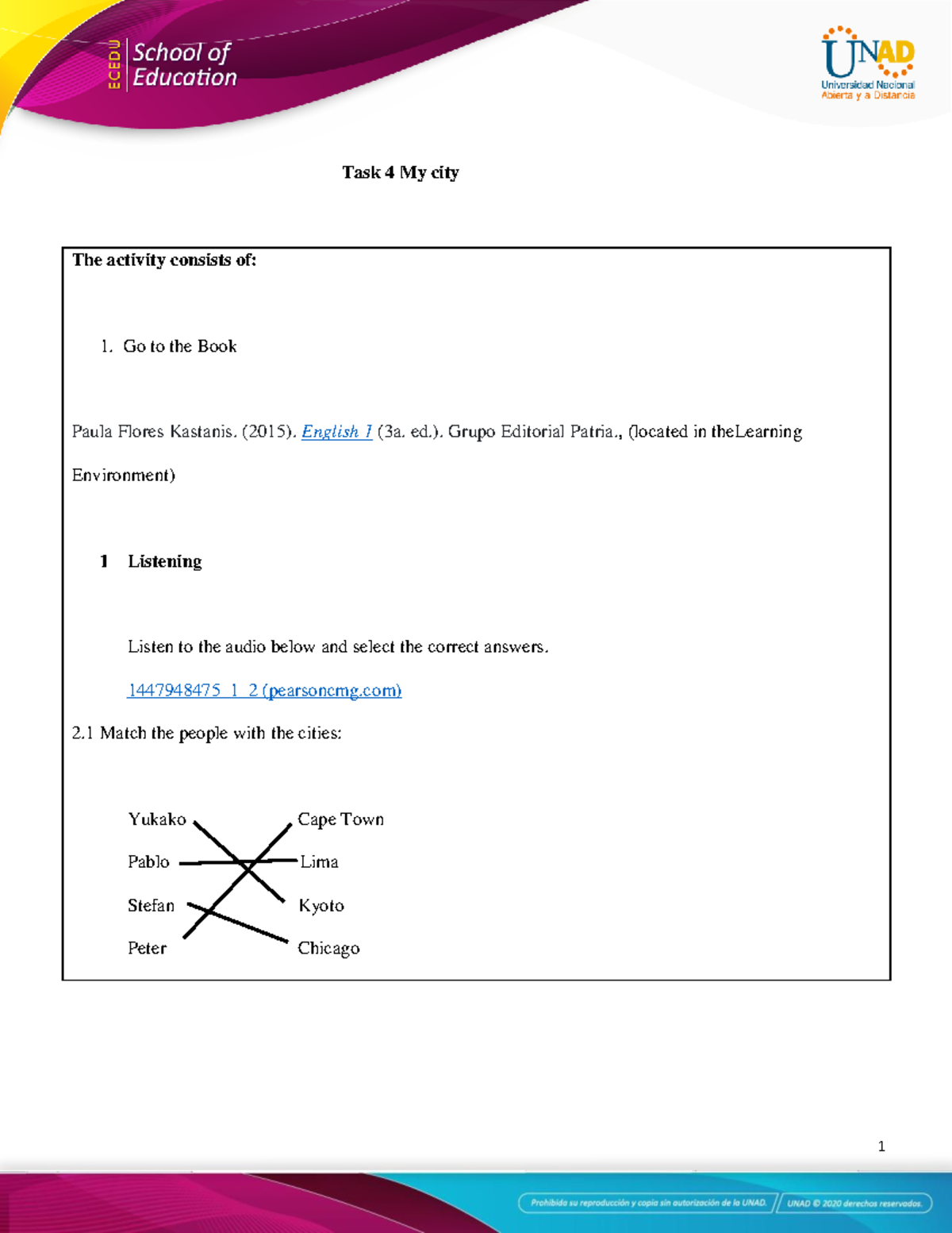 Task 4 English - TASK 4, MY CITY - Task 4 My city The activity consists ...