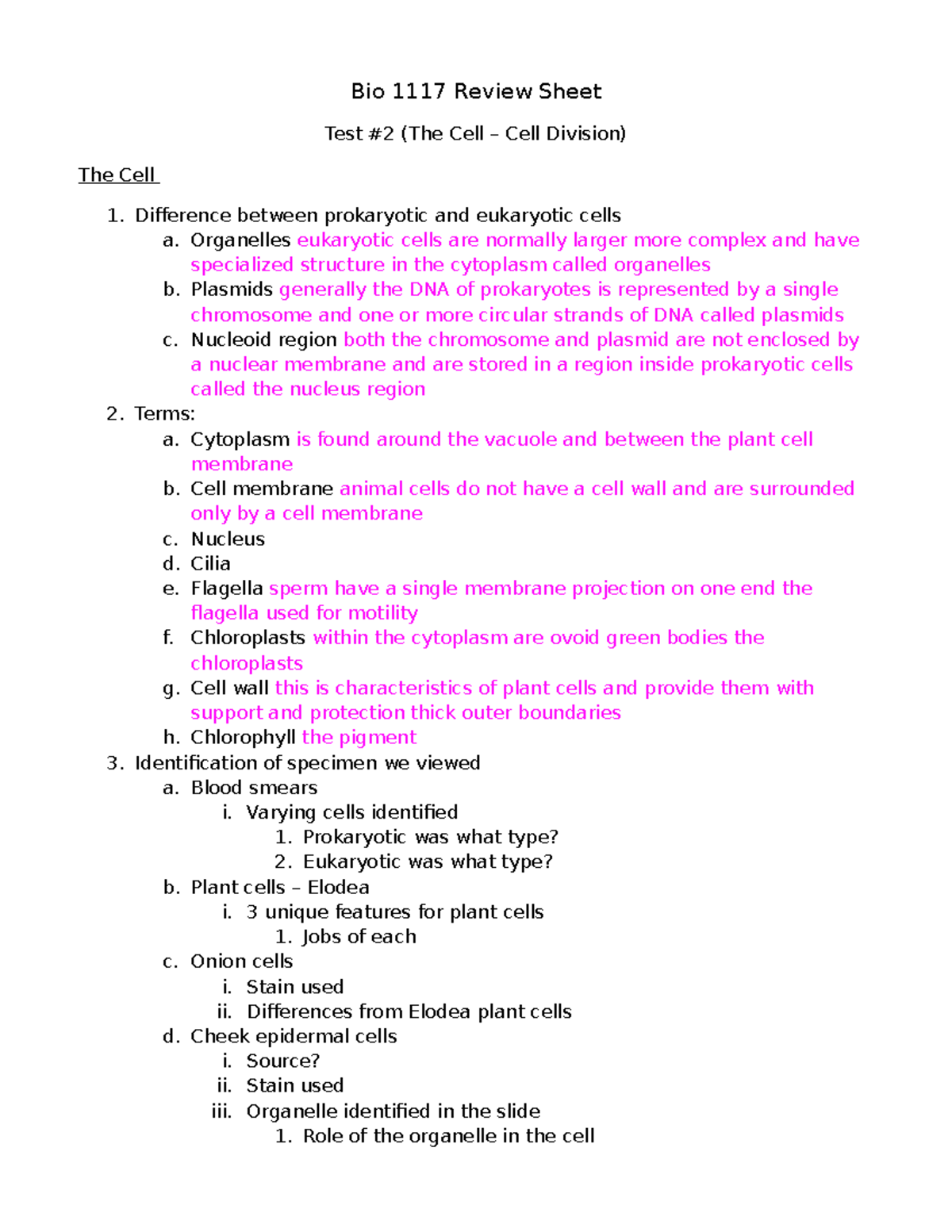 Bio 1117 Lab Exam 2 Review: Cells, Division, and Experiments Guide ...