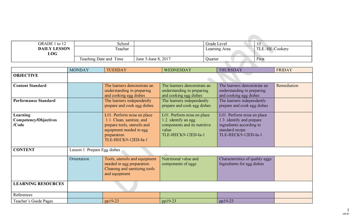 TLE DLL Cookery 10: Daily Lesson Log for Egg Preparation - Studocu