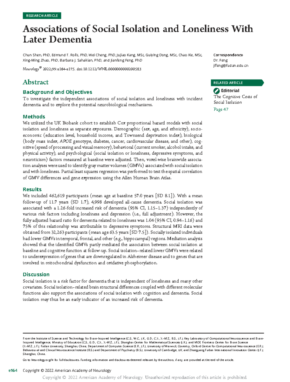 Associations of Social Isolation and Loneliness with Dementia (NEURO ...