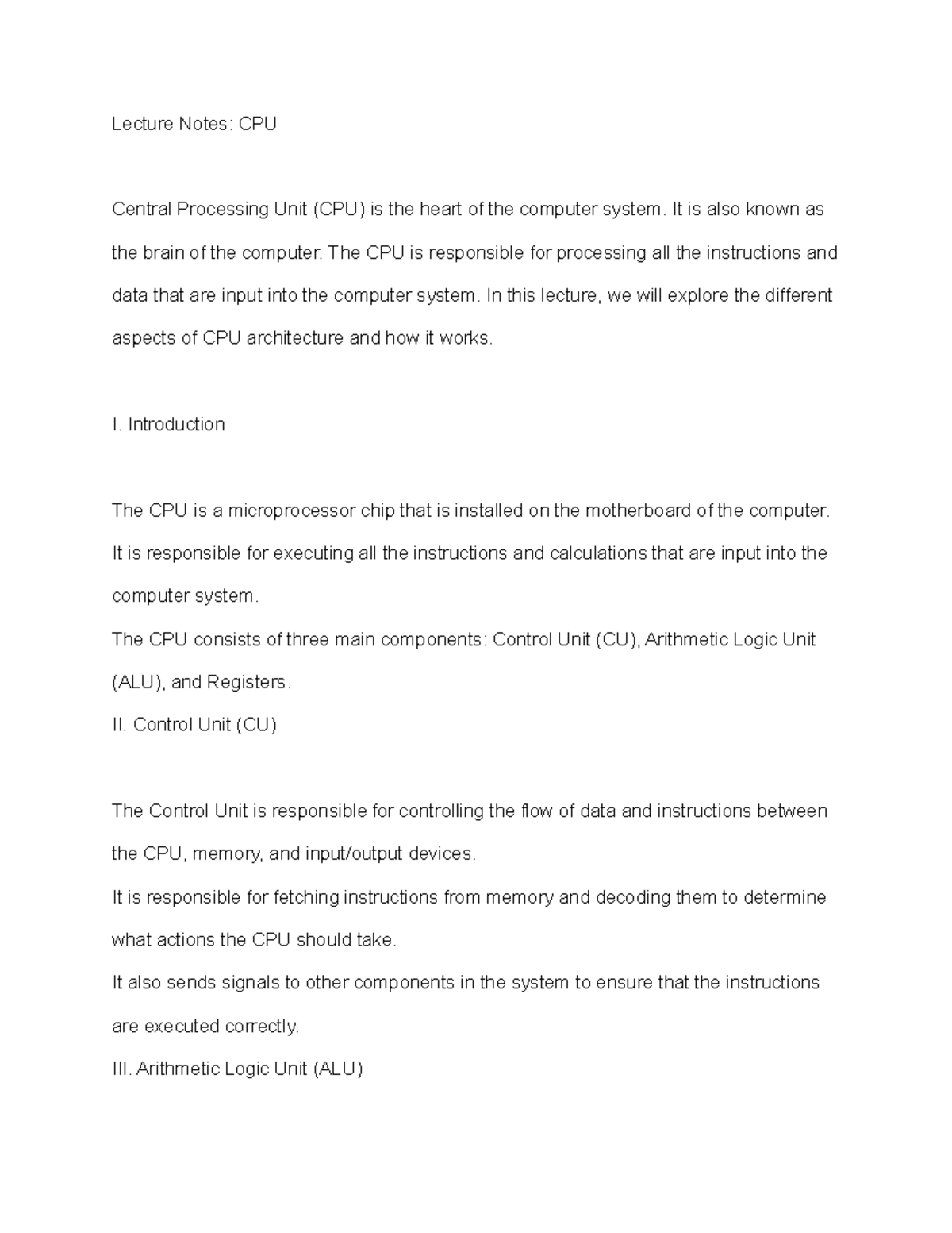 Lecture Notes Cpu Lecture Notes Cpu Central Processing Unit Cpu Is The Heart Of The