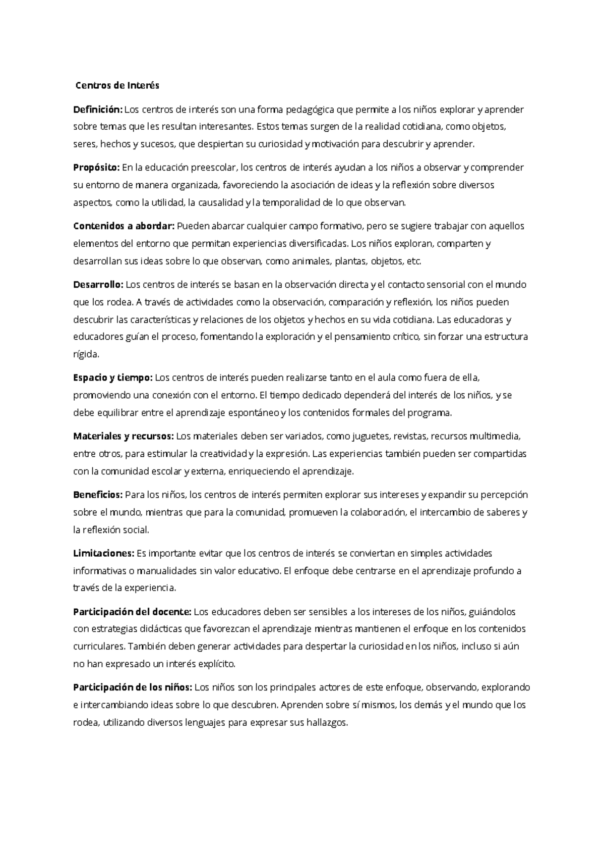 Resumen sobre los Centros de Interés en Educación Preescolar - Centros ...