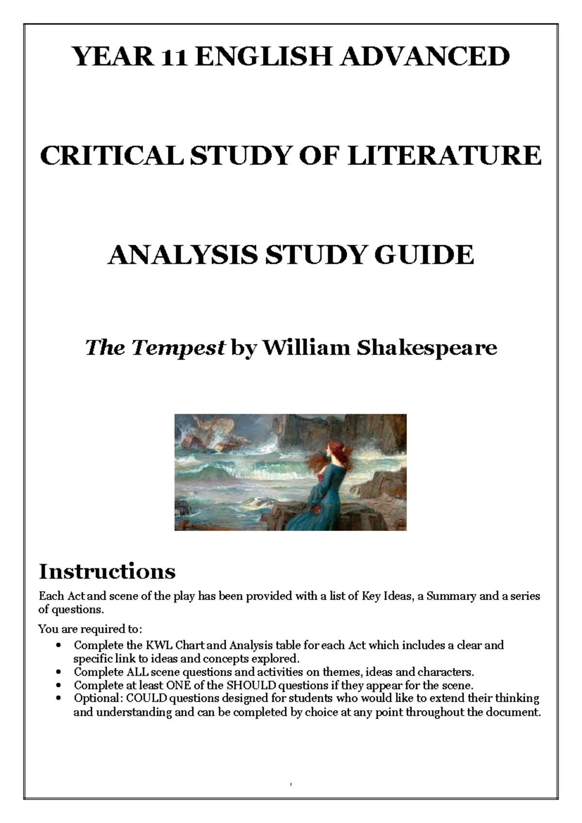 YEAR 11 ENGLISH ADVANCED: Critical Study Guide for The Tempest Analysis ...