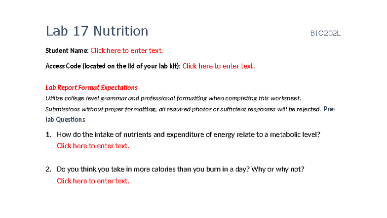 BIO202L Lab 17: Nutrition and Biomolecules Experiment Report - Studocu