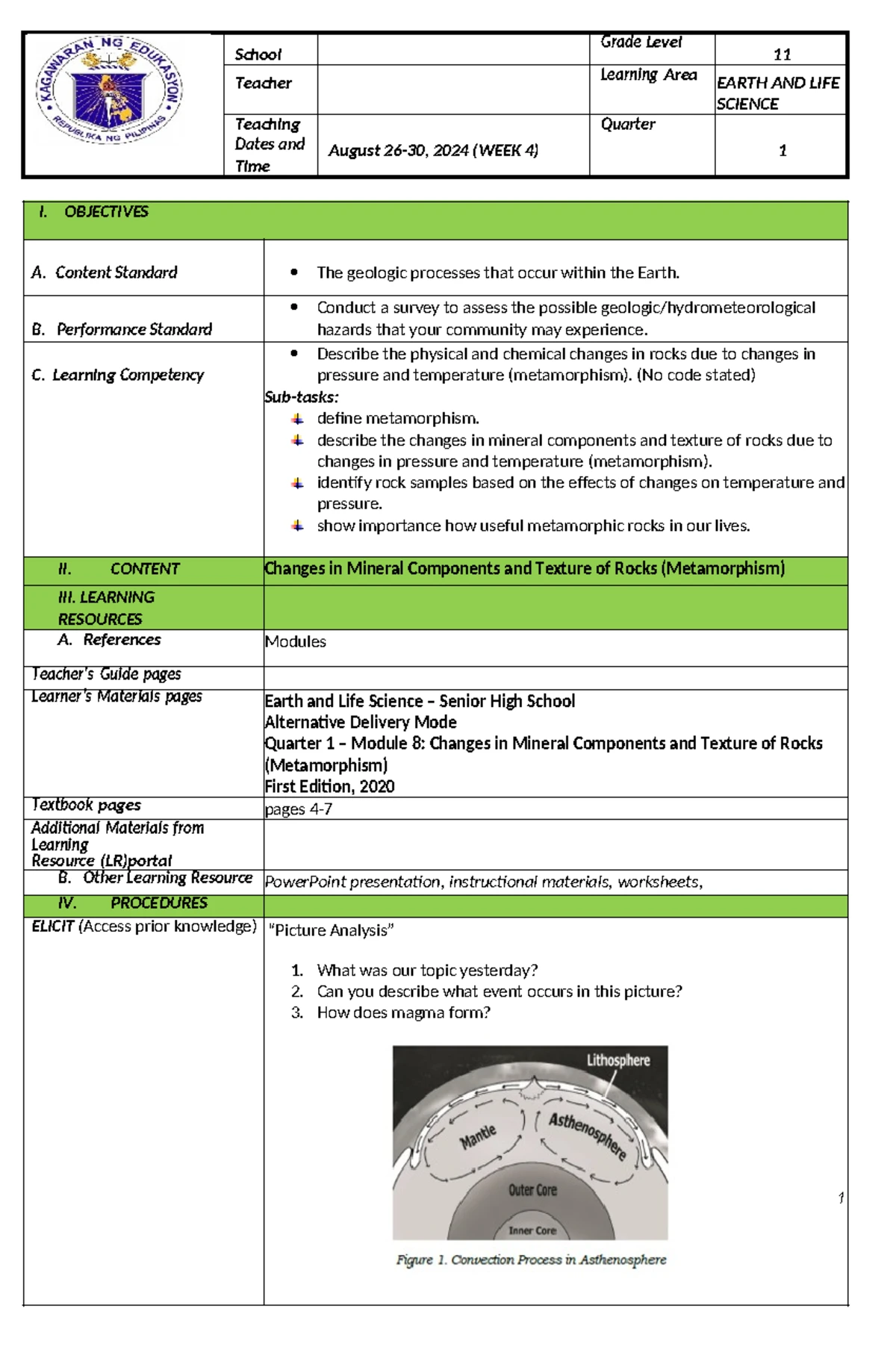 Week 2.1 - Rocks - Earth Science Lesson Plan for Grade 11 - Studocu