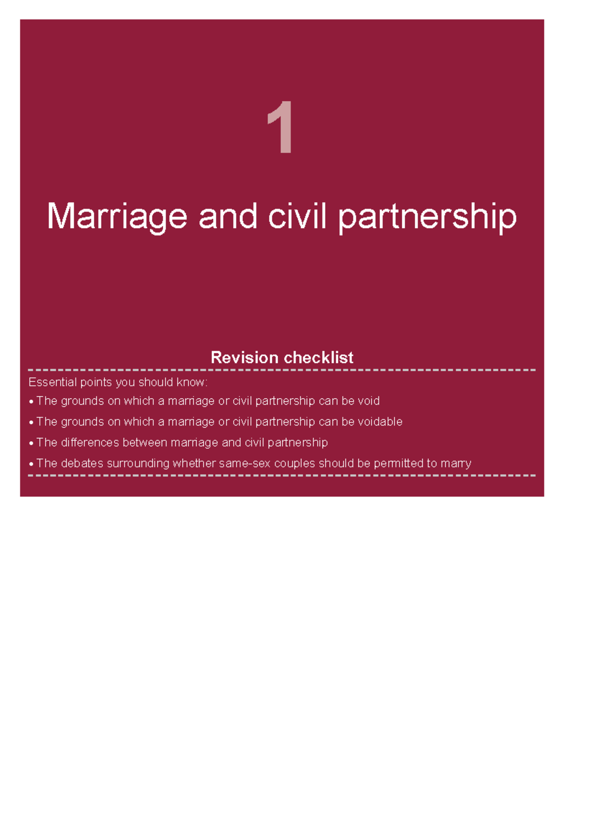 Family Law 1: Marriage & Civil Partnership Revision Checklist - Studocu