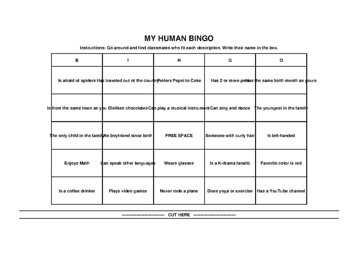Human Bingo Instructions: Find Classmates' Traits - Studocu