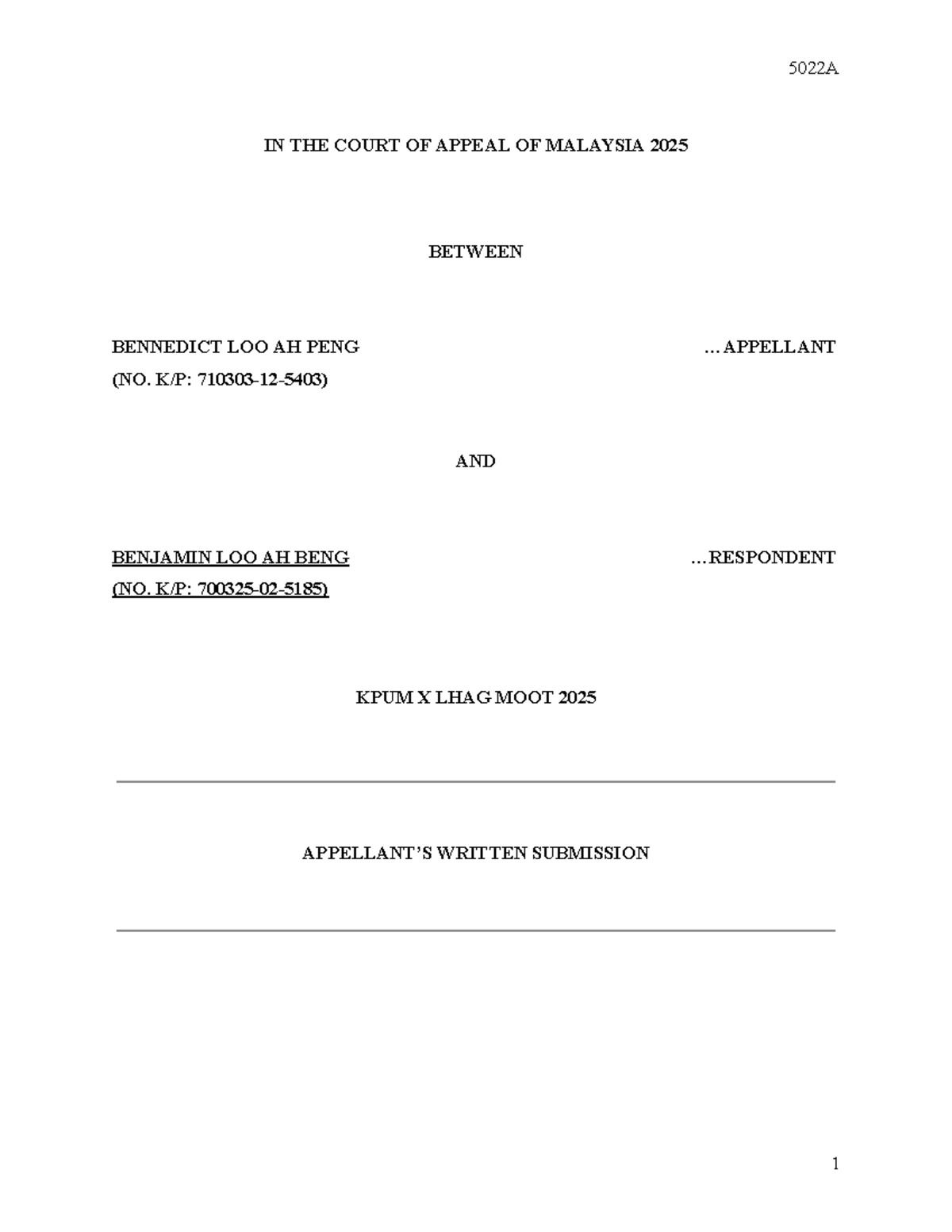5022A Moot Court Written Submission: FLA & Moneylenders Act 1951 - Studocu