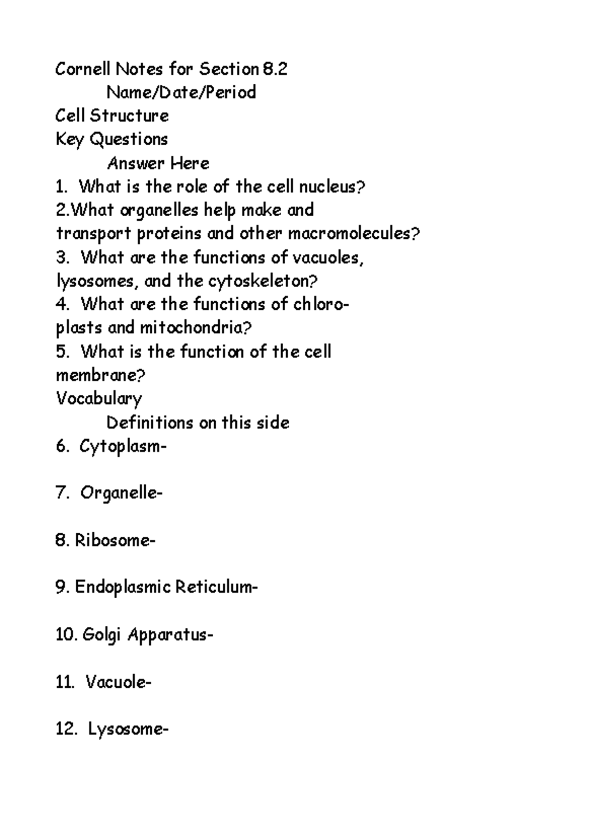 Cornell Notes for Section 8 - Name/Date/Period Cell Structure Key ...