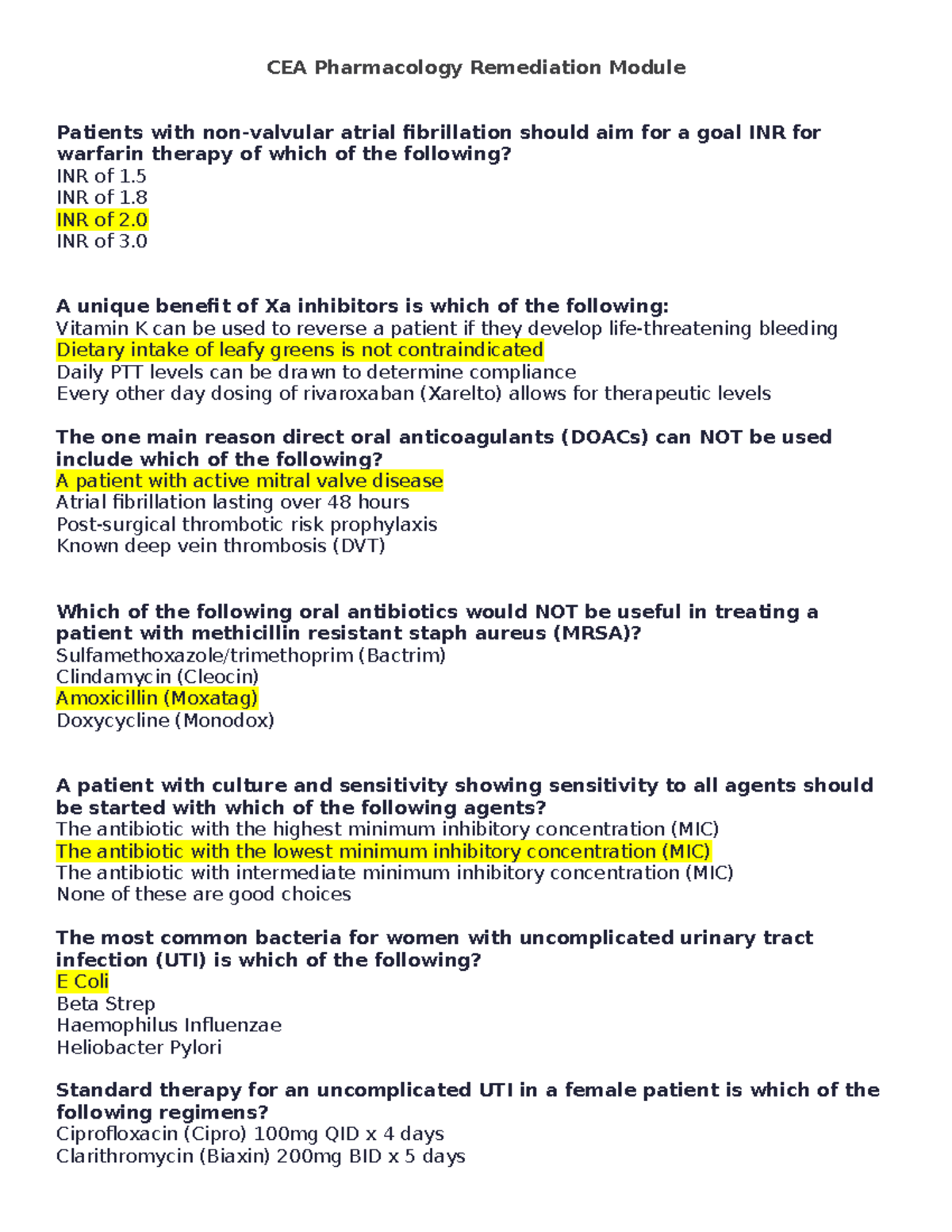 Pharmacology CEA Remediation Module: Key Concepts & Questions - Studocu