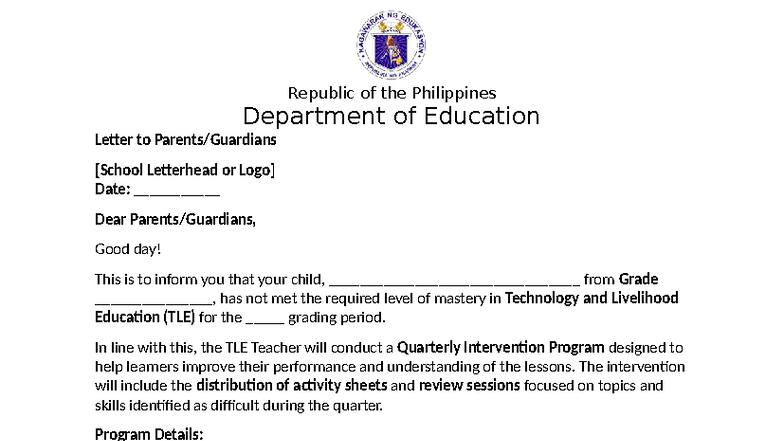 Quarterly Intervention Program Letter for TLE Parents - Studocu