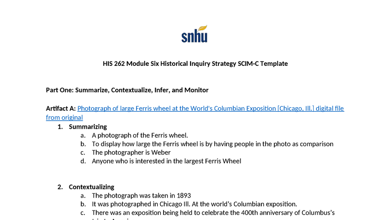 HIS 262 Module Six Historical Inquiry Strategy: Analyzing the Ferris ...