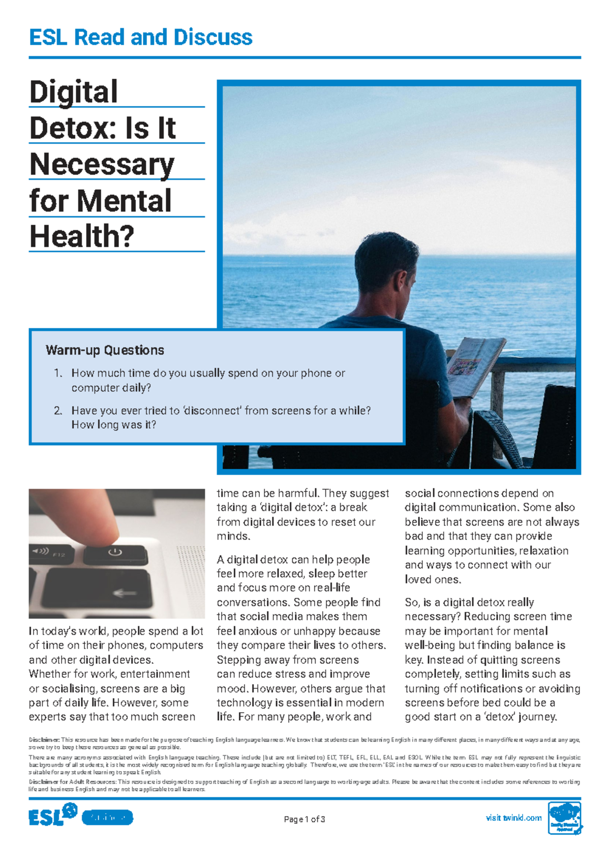 ESL Read and Discuss: Digital Detox for Mental Health (Adults B1) - Studocu