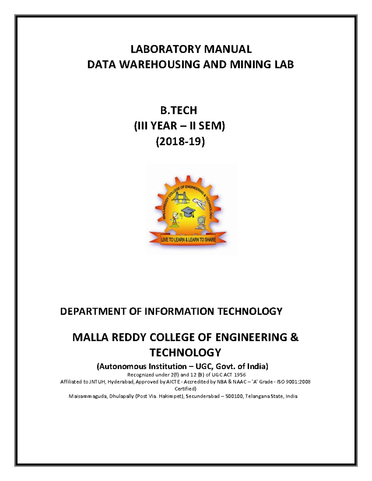 Data Warehousing and Mining Lab Manual - R15A (2018-19) - Studocu