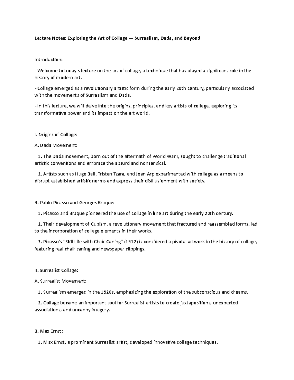 Lecture Notes: The Evolution and Impact of Collage Art - Studocu