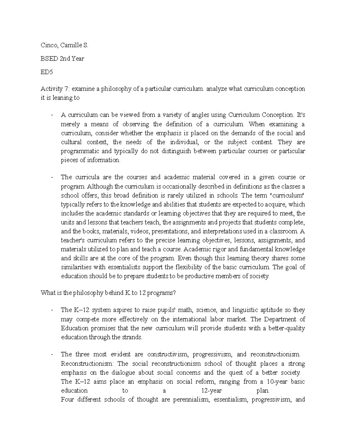 BSED 2: Activity 7 - Analyzing Curriculum Philosophies and Concepts - Studocu