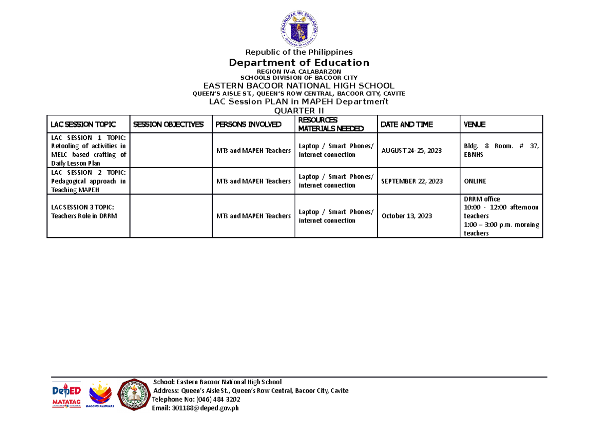LAC Session Plan in MAPEH for Q2 2023-24: Eastern Bacoor National HS ...