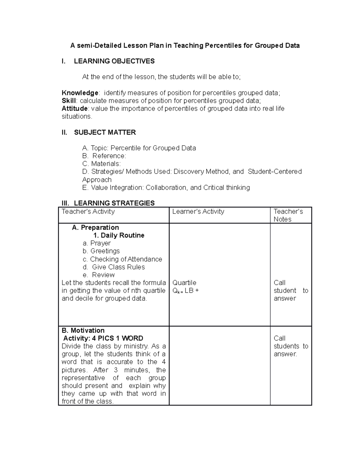 Lesson Plan: Teaching Percentiles for Grouped Data (Math 101) - Studocu