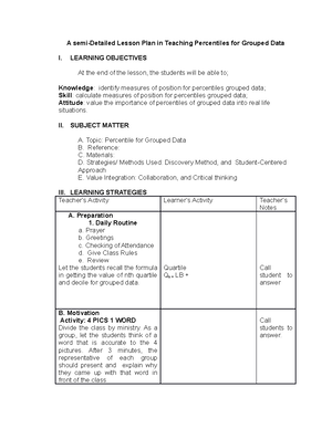 Lesson Plan Percentiles in Group Data Math 10 - Secondary education - Studocu