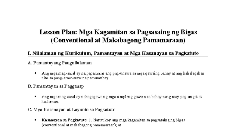 FCS 4 Lesson Plan: Mga Kagamitan sa Pagsasaing ng Bigas - Studocu