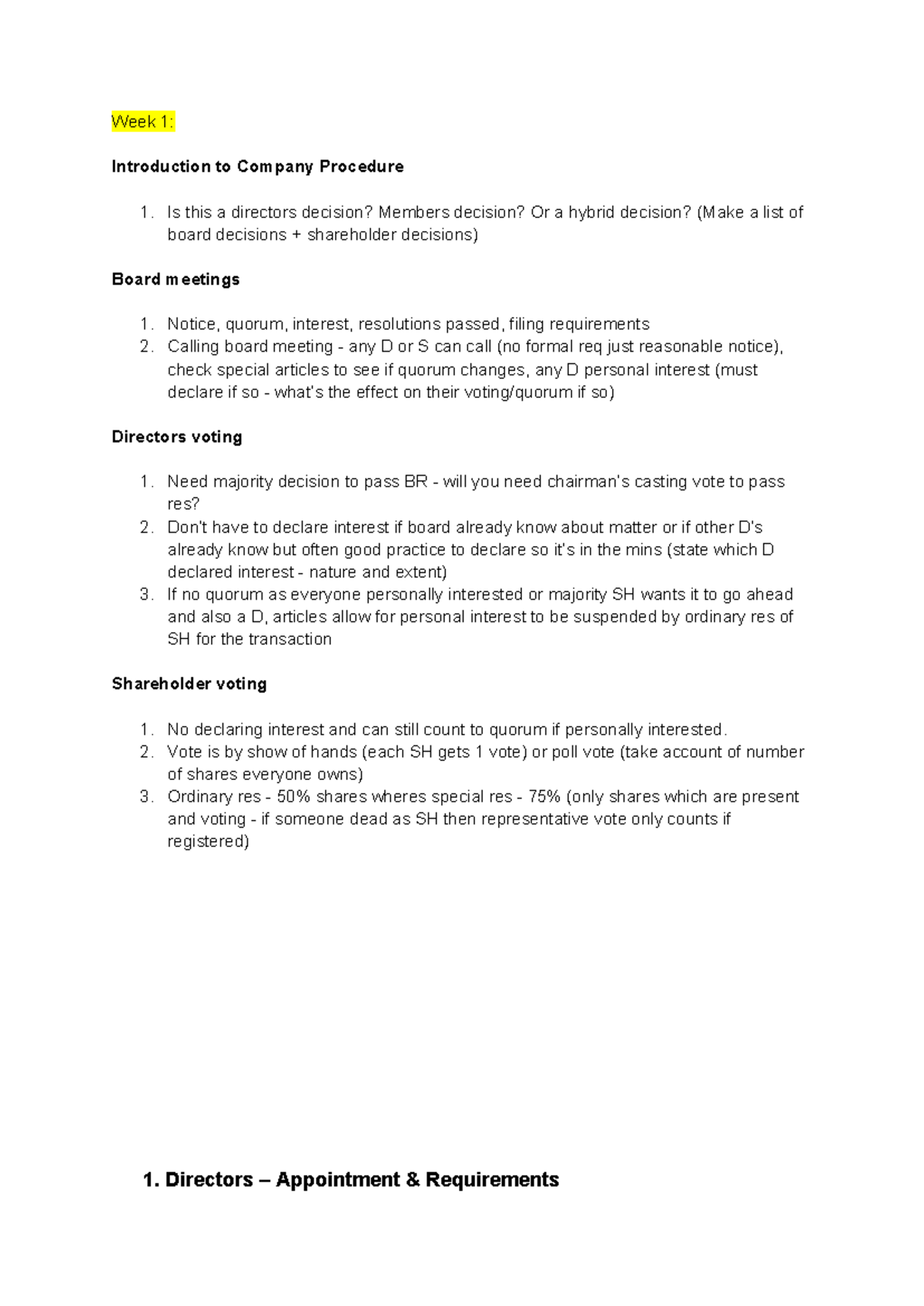 Week 1: Intro to Company Procedure & Board Decisions (BUS 101) - Studocu