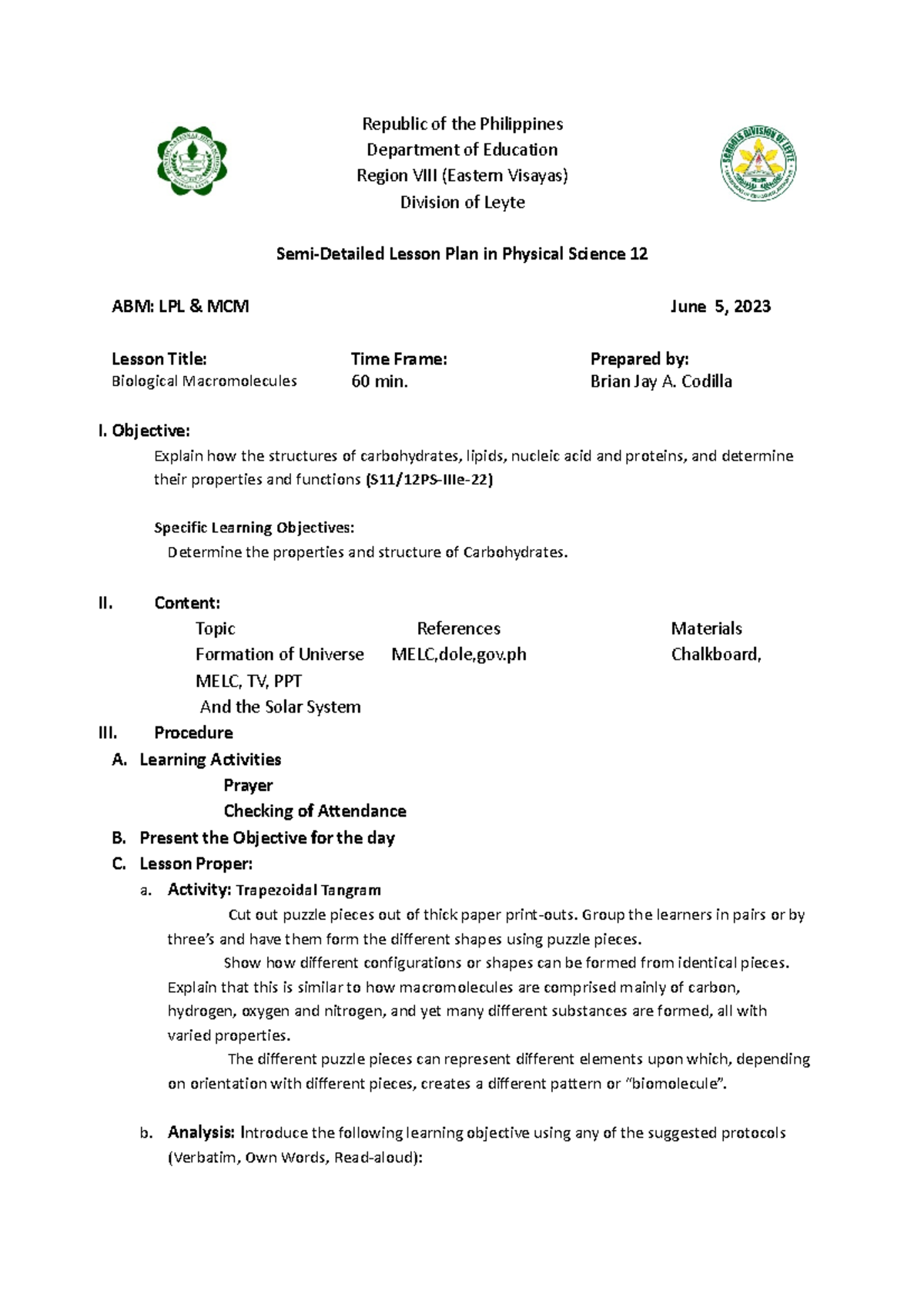 Semi-Detailed Lesson Plan on Biological Macromolecules (S11/12PS-IIIe ...