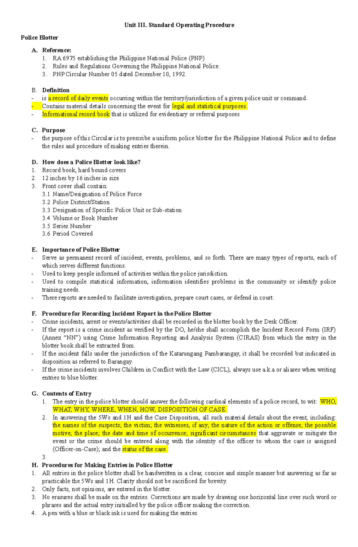 PNP Reading 2: Standard Operating Procedures for Police Blotters - Studocu