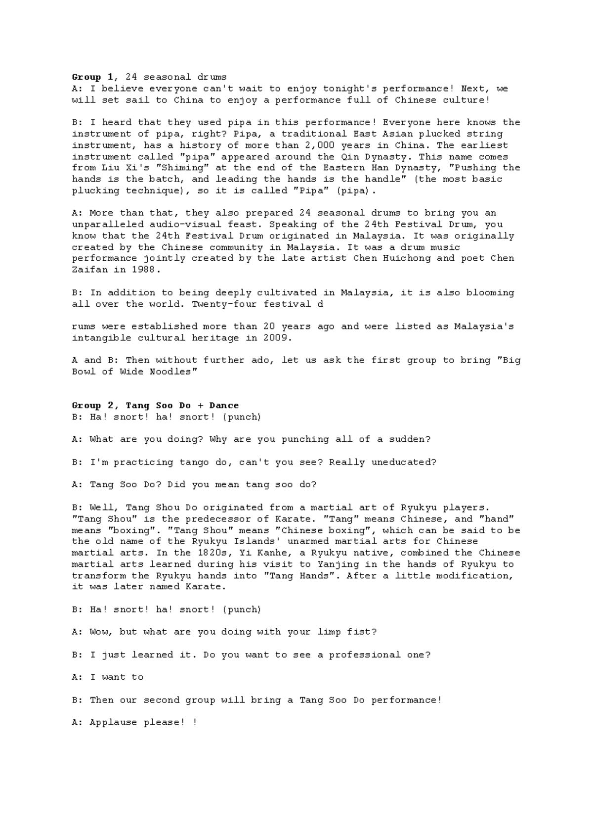 Group 1 - Performance Script for Cultural Showcase Event - Studocu