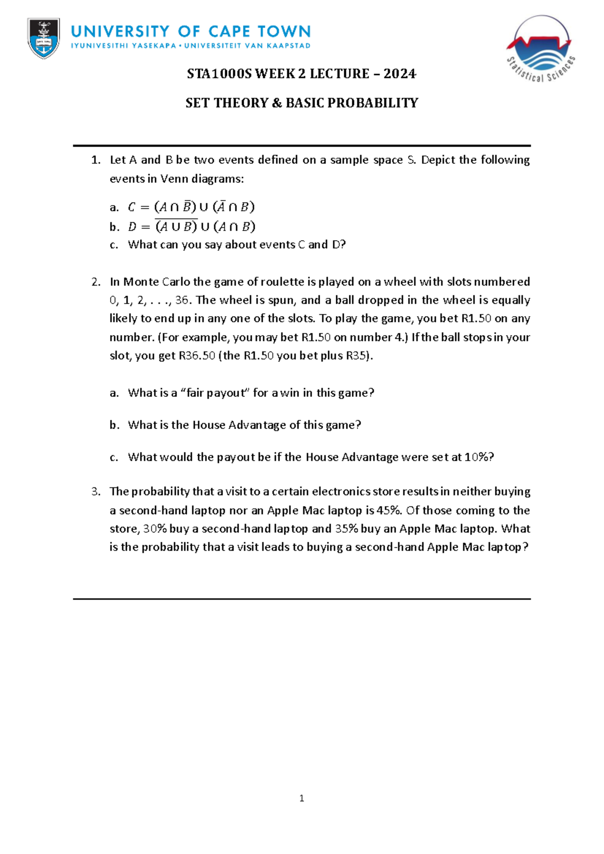 Lecture Week 2 STA1000S 2024 - 1 STA100 0 S WEEK 2 LECTURE – 2024 SET ...