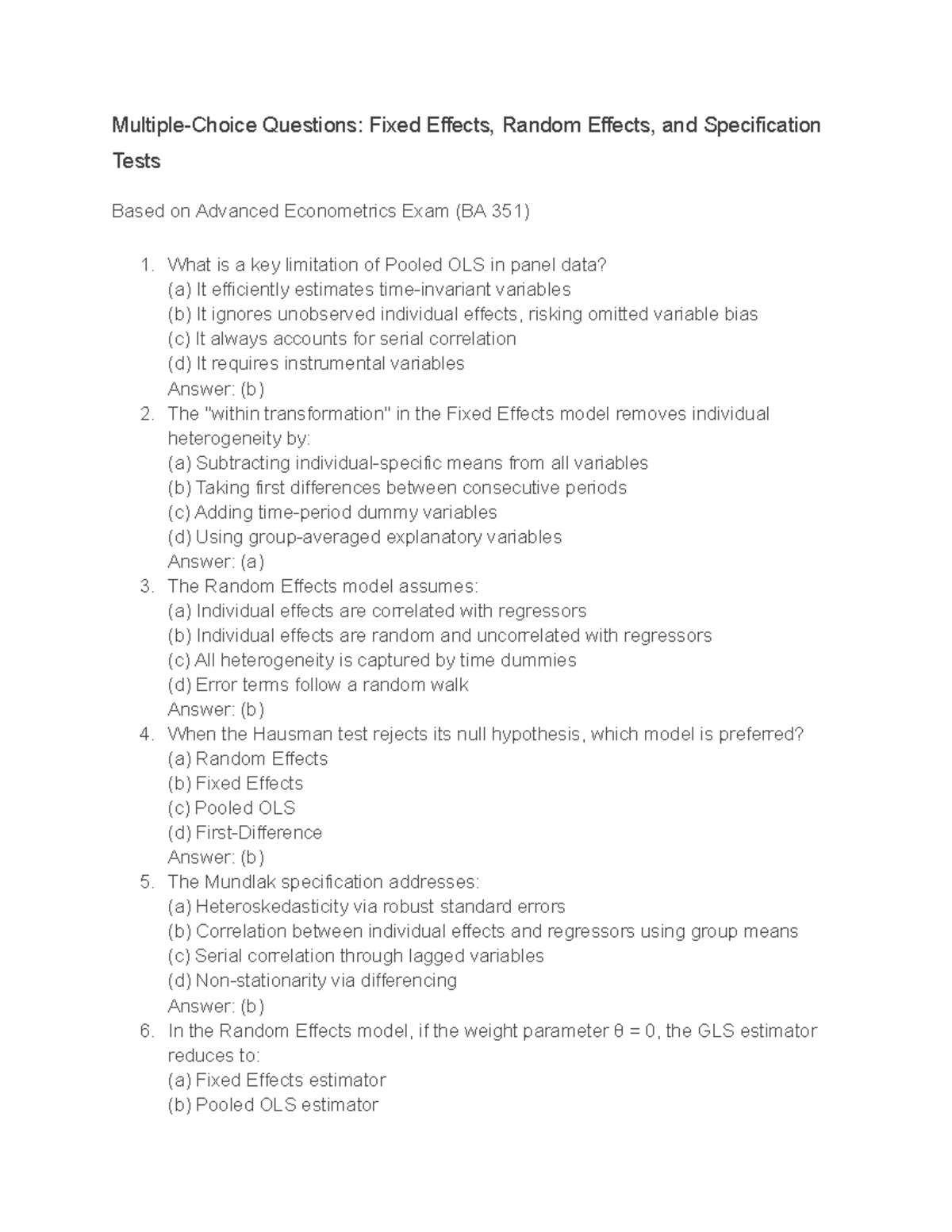 Multiple-Choice Questions on Fixed Effects, Random Effects, and ...