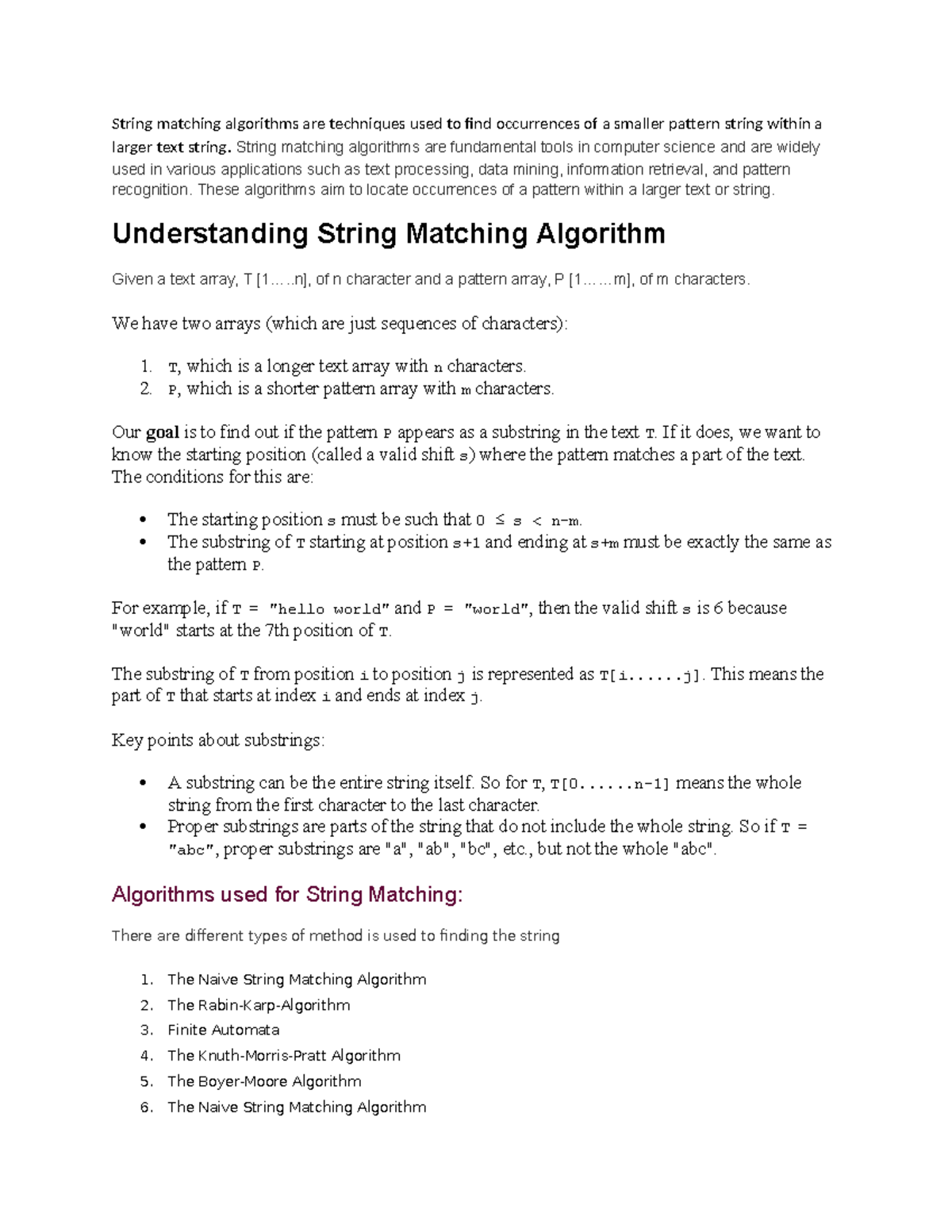 CS101: String Matching Algorithms Overview and Techniques - Studocu