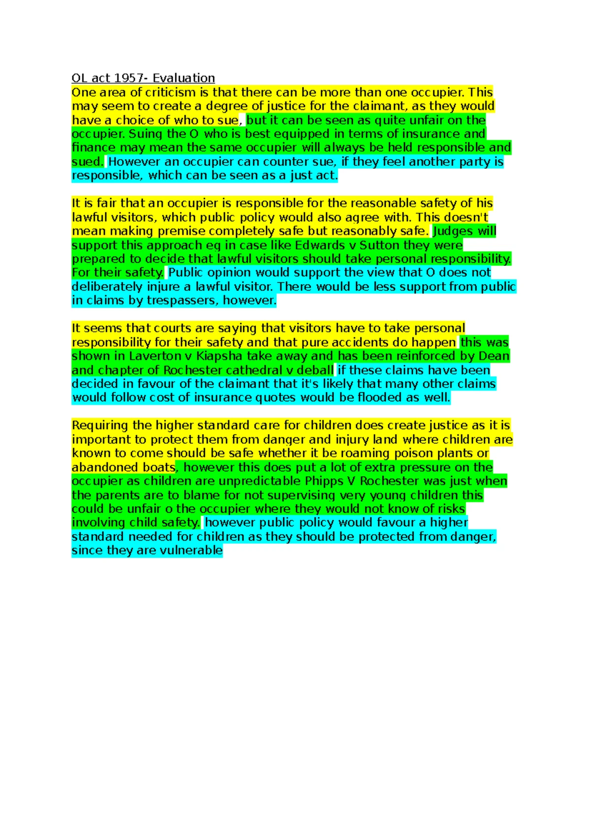 Negligence: A-Level OCR Tort Law AO1 Study Notes on Duty of Care ...