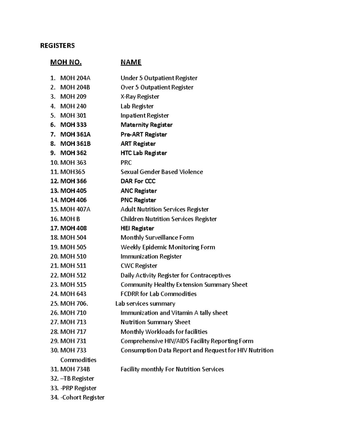 MOH Registers and Data Tools Overview for Health Institutions - Studocu