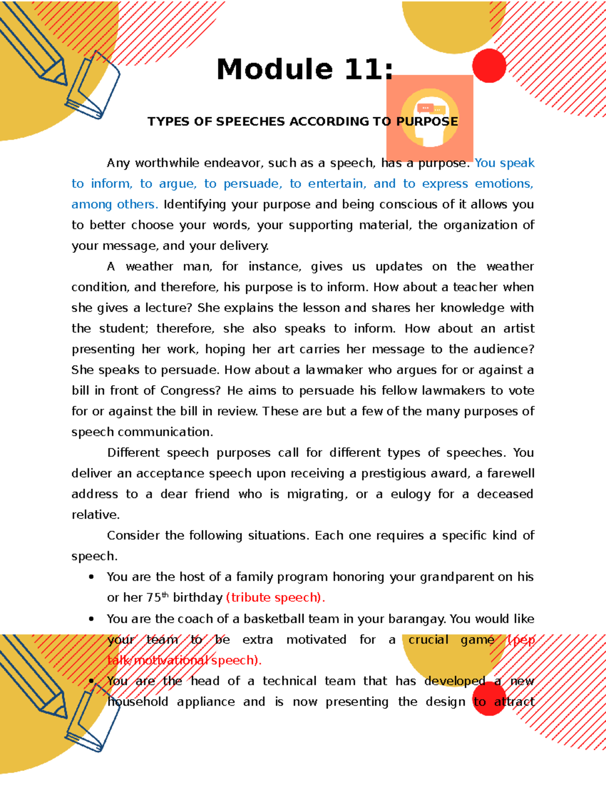 WEEK 11 Learning Packet: Types of Speeches by Purpose and Function ...