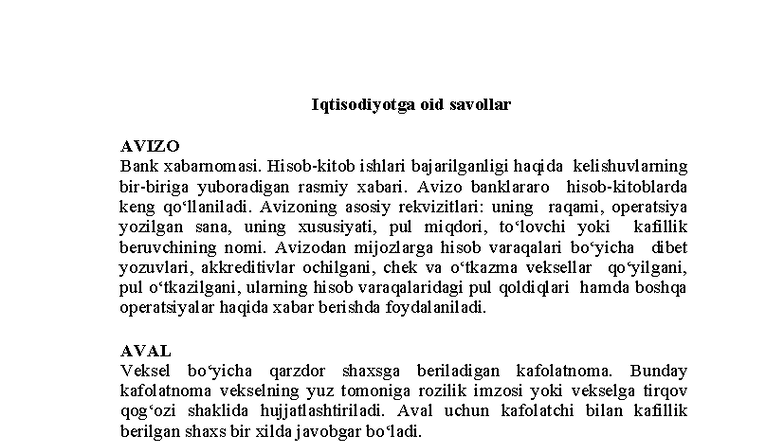 Iqtisodiyotga oid savollar - Hhgg (Final Exam) - Studocu