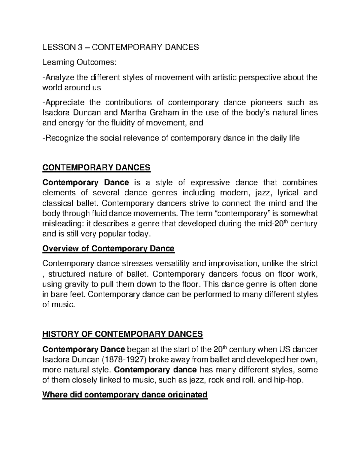 Contemporary Dances - LESSON 3 – CONTEMPORARY DANCES Learning Outcomes ...