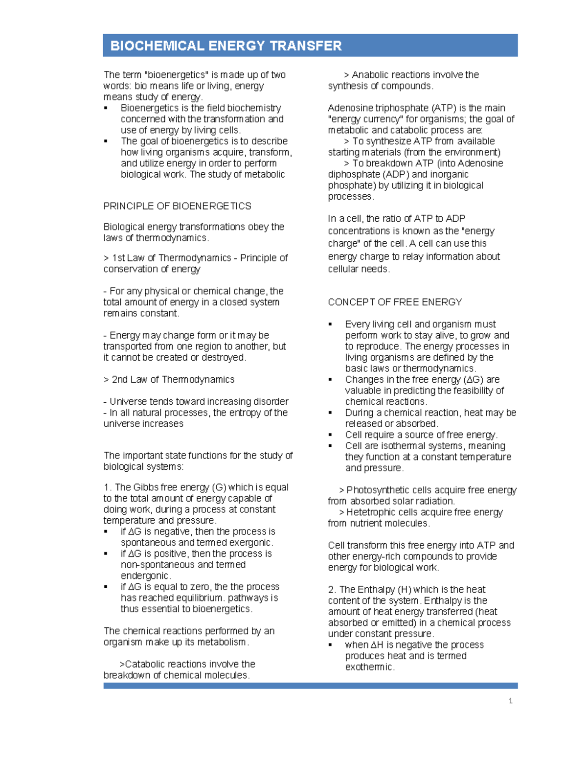 BIO 101: Principles of Biochemical Energy Transfer and Thermodynamics ...