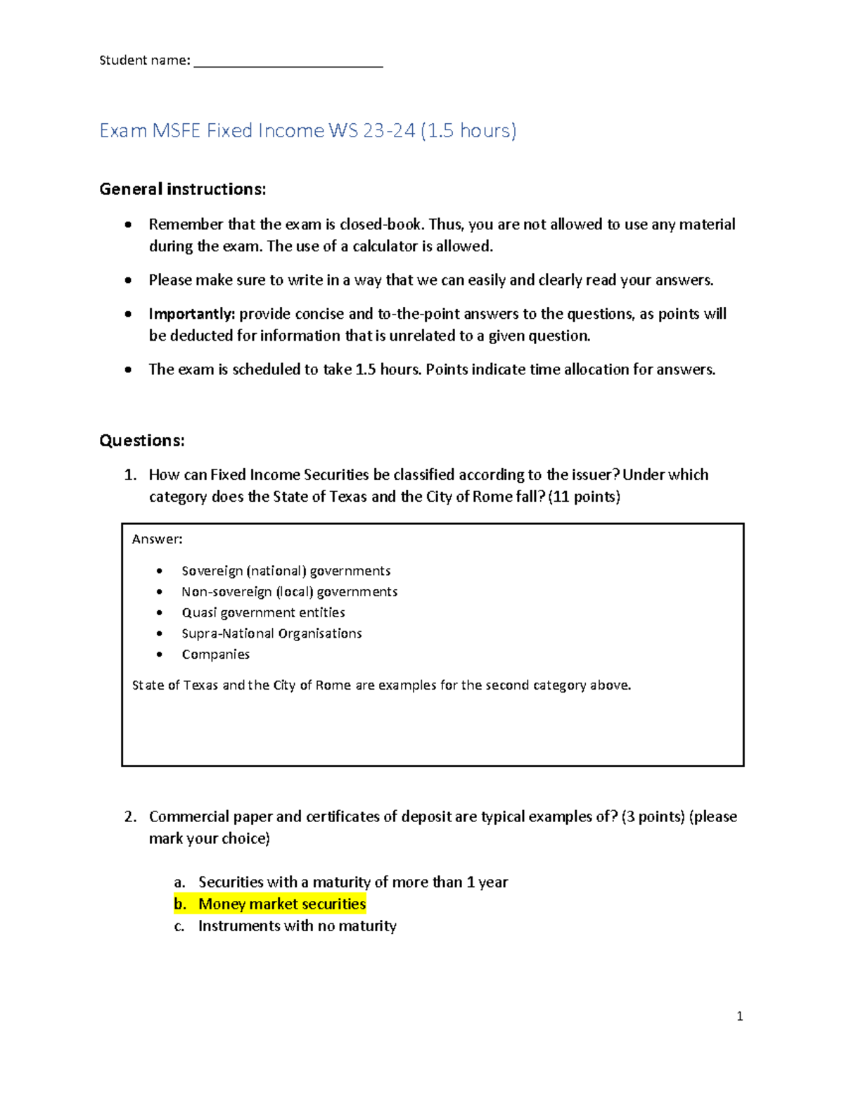 Exam Questions & Solutions: MSc FE Fixed Income WS 23-24 - Studocu