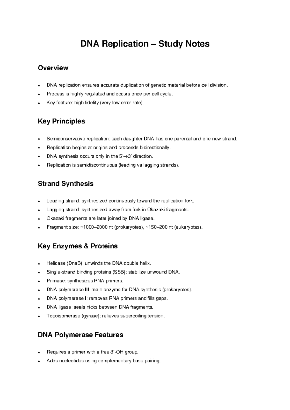 DNA Replication Study Notes: Key Concepts & Enzymes Overview - Studocu