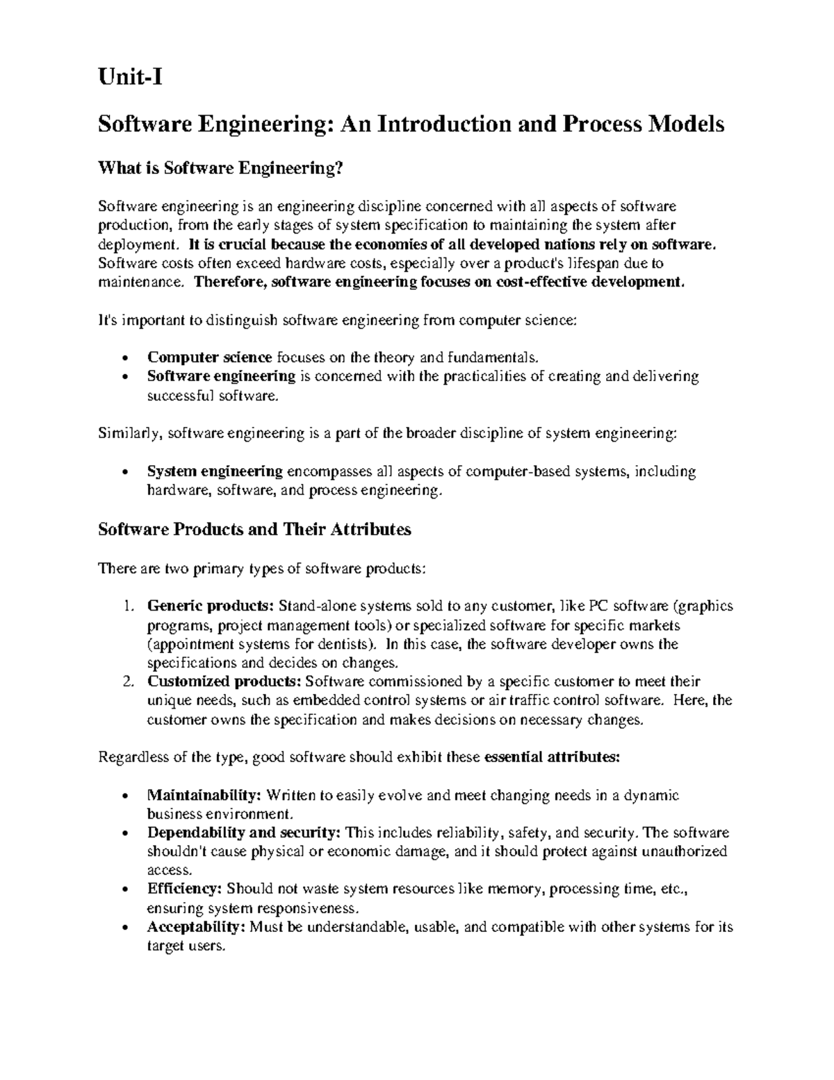 Software Engineering Unit-I: Essentials of Software Process Models ...