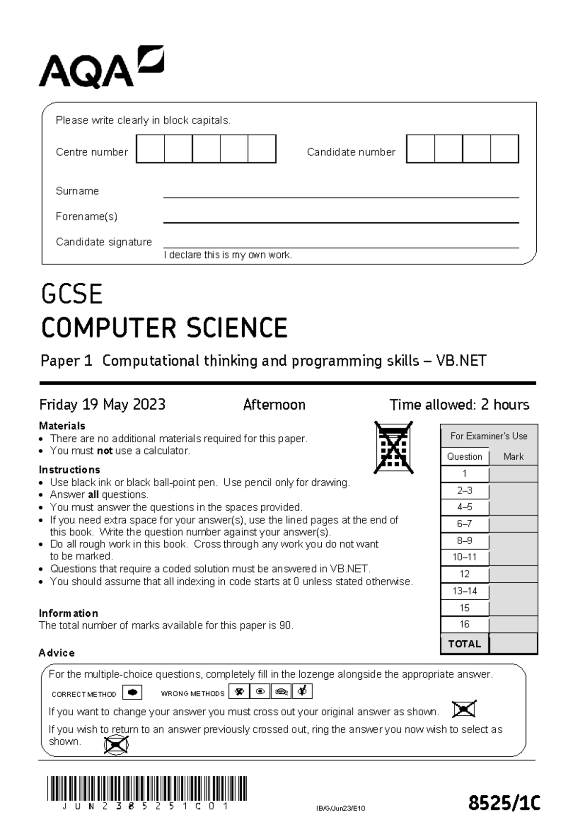 AQA-85251 GCSE Computer Science Paper 1 Exam Questions - June 2023 ...