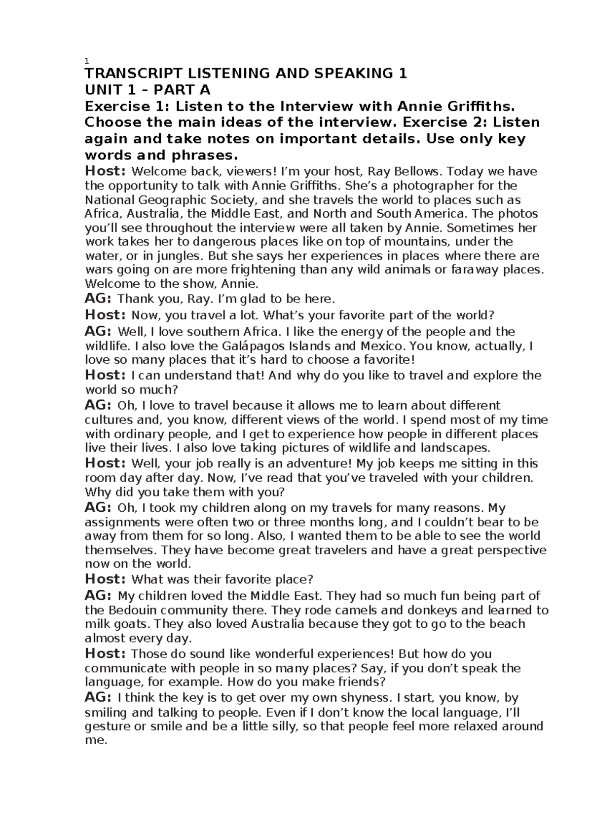 ENG101 Listening & Speaking Transcript V1 - Annie Griffiths Interview ...