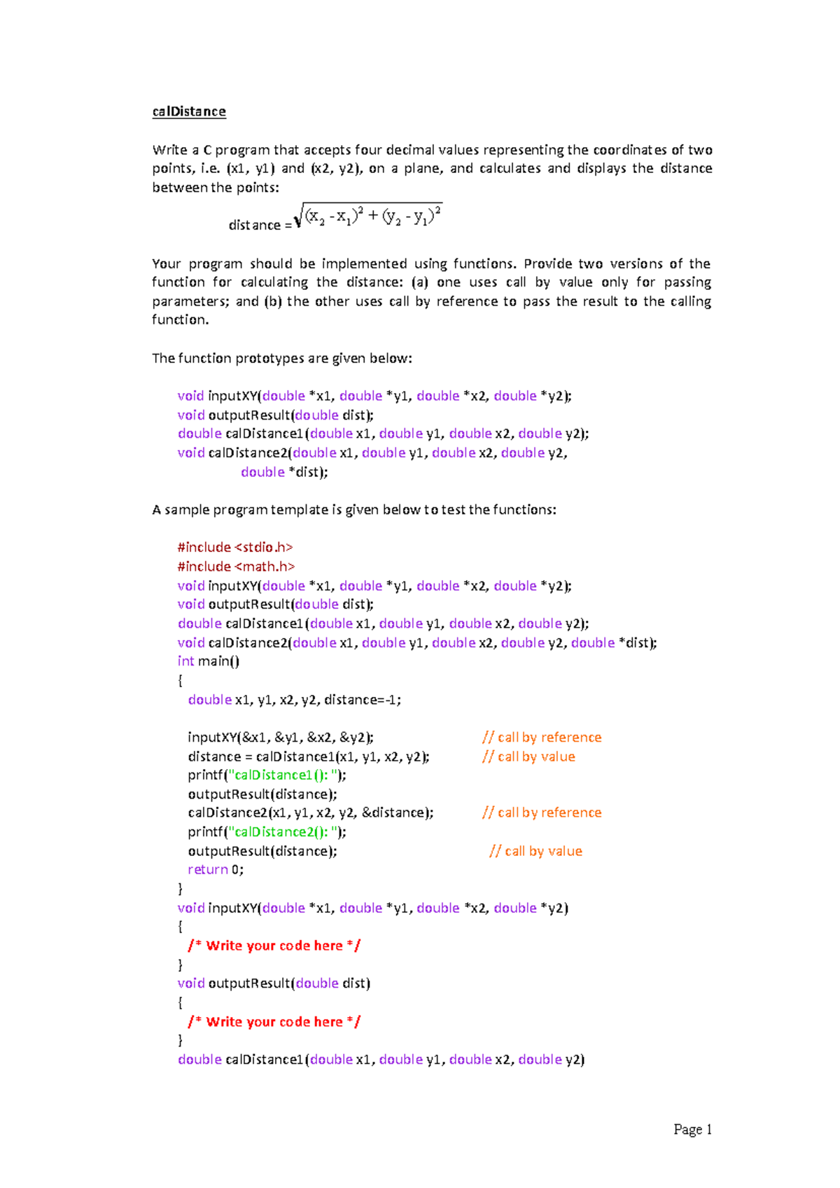 C Programming: Cal Distance Function Implementation - Studocu