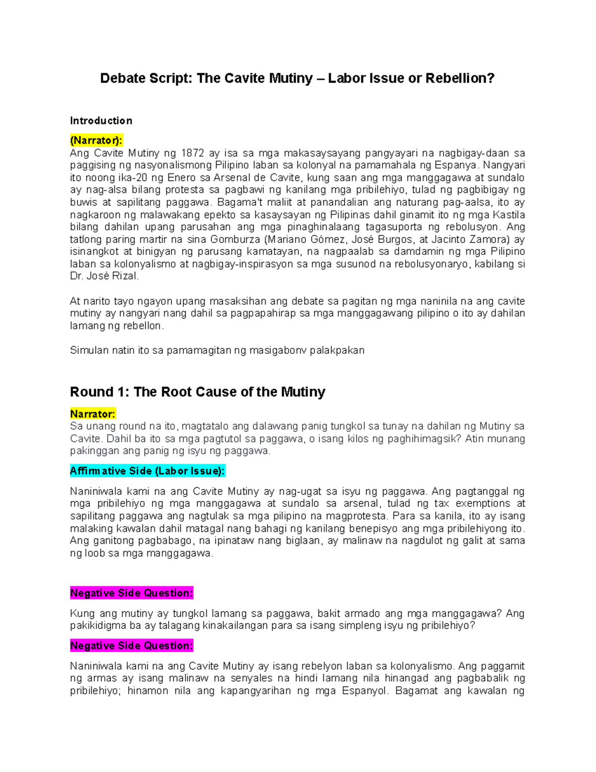 Cavite Mutiny Debate Script: Labor Issue vs. Rebellion Insights - Studocu