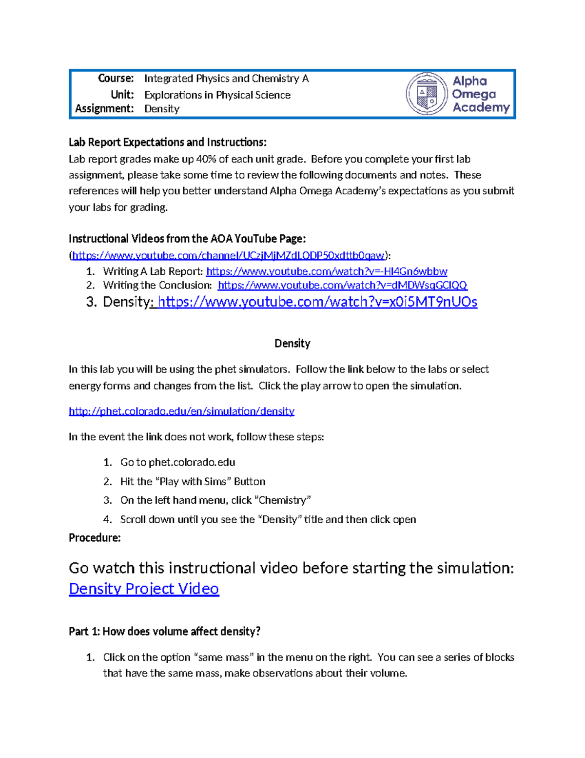 Density Project - Course: Integrated Physics and Chemistry A Unit ...