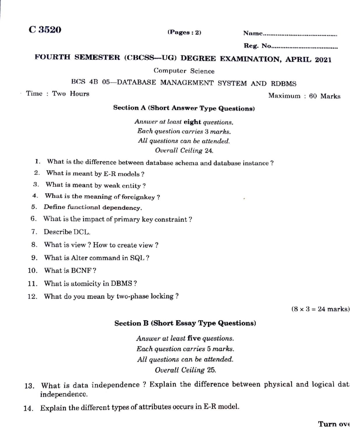 C 3520 - DBMS & RDBMS Previous Year Question Paper for Practice - Studocu