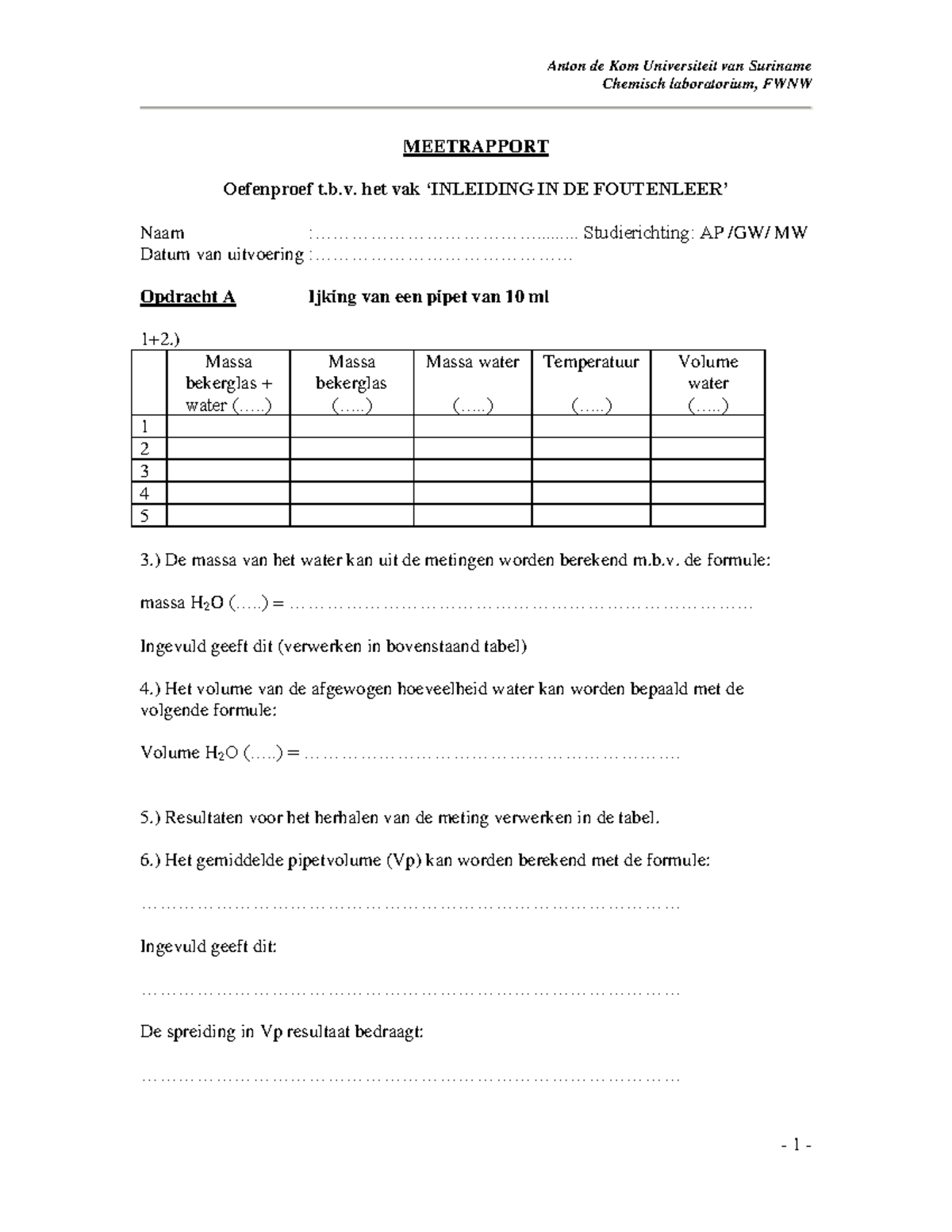 INLEIDING IN DE FOUTENLEER Meetrapport voor Chemisch Laboratorium FWNW ...