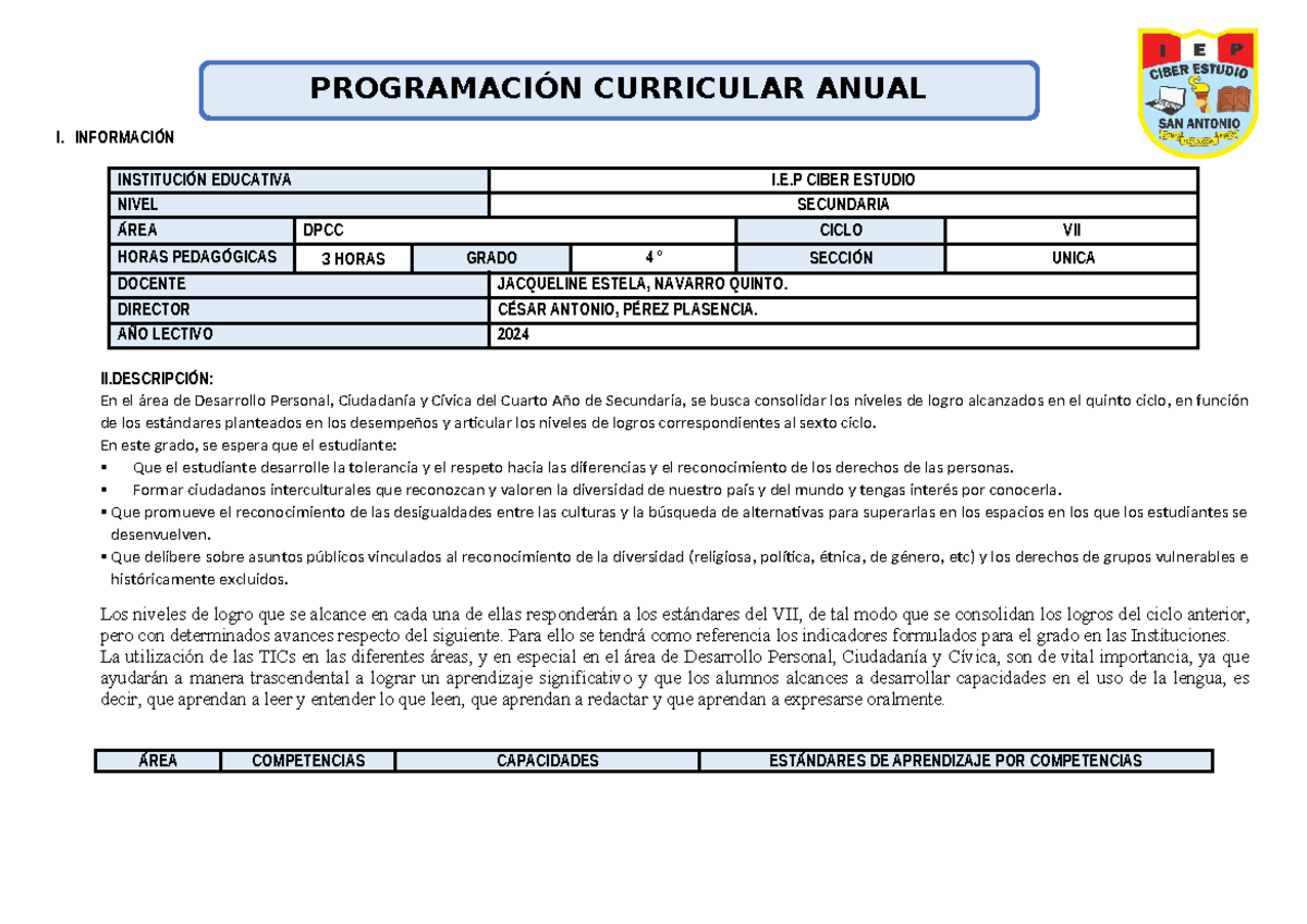 Modelo PLAN Anual 4 DPCC - I. INFORMACIÓN INSTITUCIÓN EDUCATIVA I.E ...