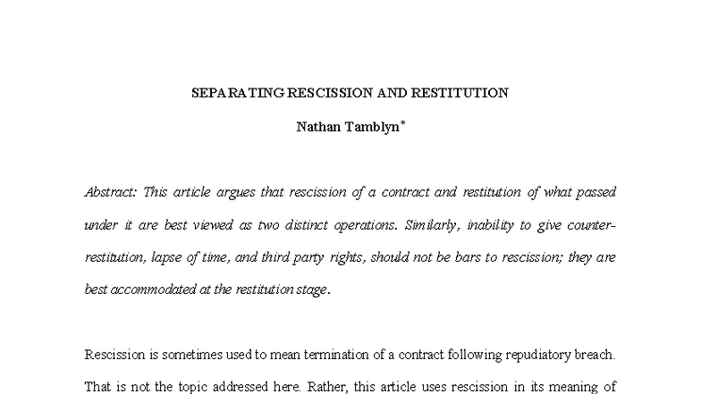 Separating rescission and restitution final - SEPARATING RESCISSION AND ...