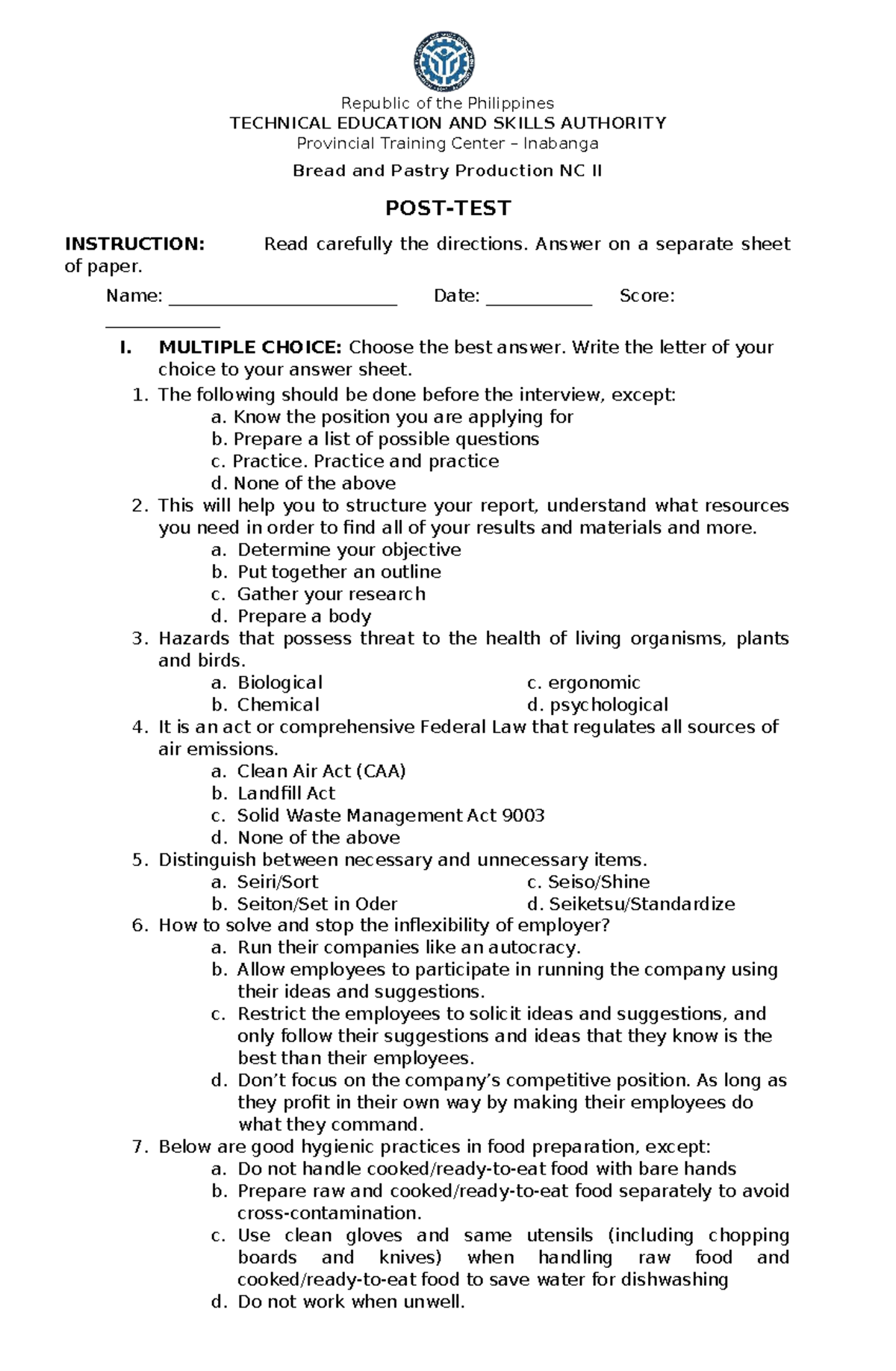 Bread and Pastry Production NC II Pre and Post Test - Studocu